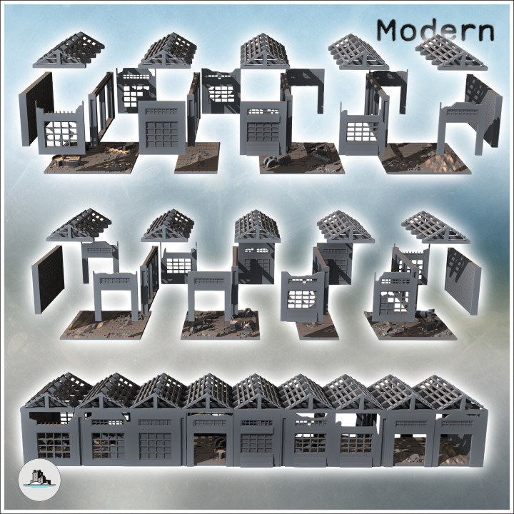 3D Printable Set of damaged modular modern factories with large windows ...