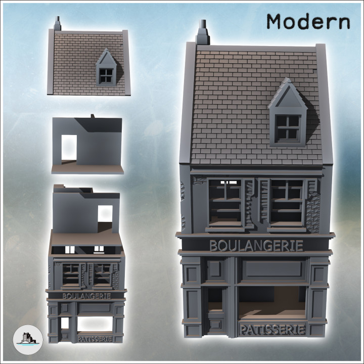 3D Printable French bakery-pastry shop with two stories and damaged ...
