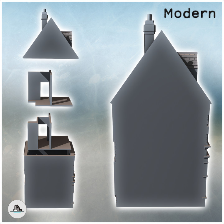 3D Printable French bakery-pastry shop with two stories and damaged ...