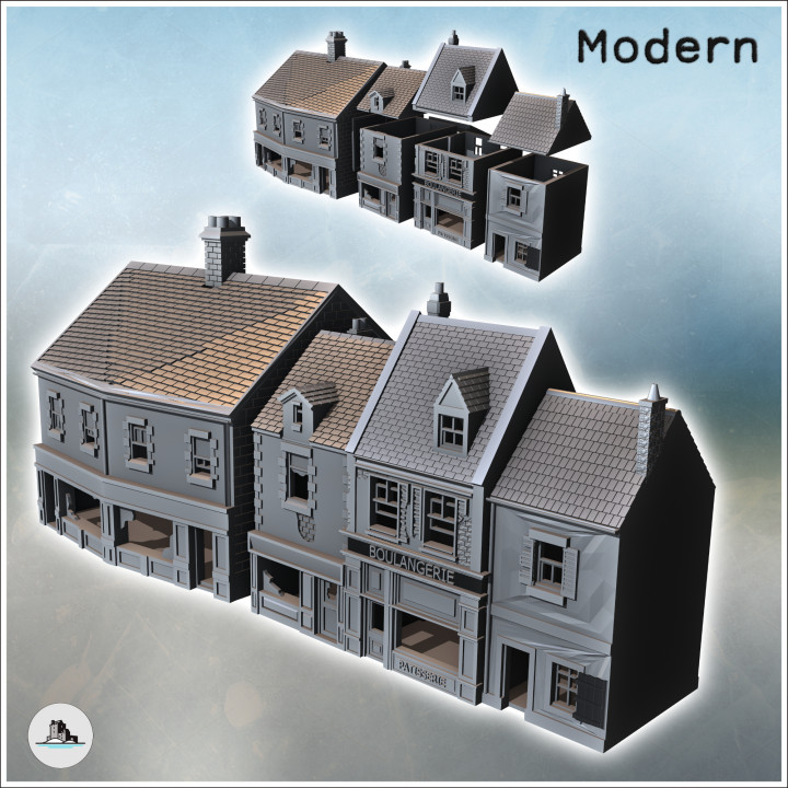 3D Printable Set of four modern buildings with French bakery and ground ...