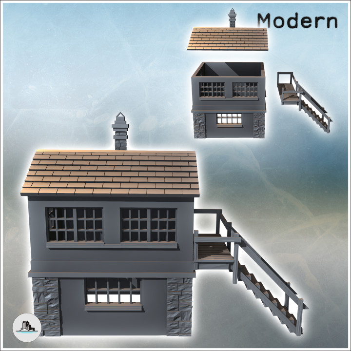 3D Printable Modern building with access staircase to the first floor ...