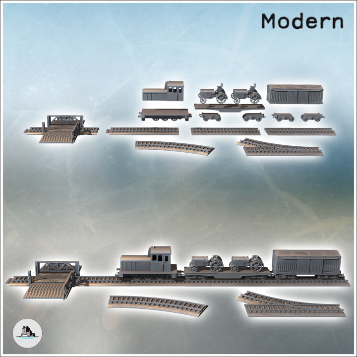 3D Printable Set of modern trains with diesel locomotive, platforms ...