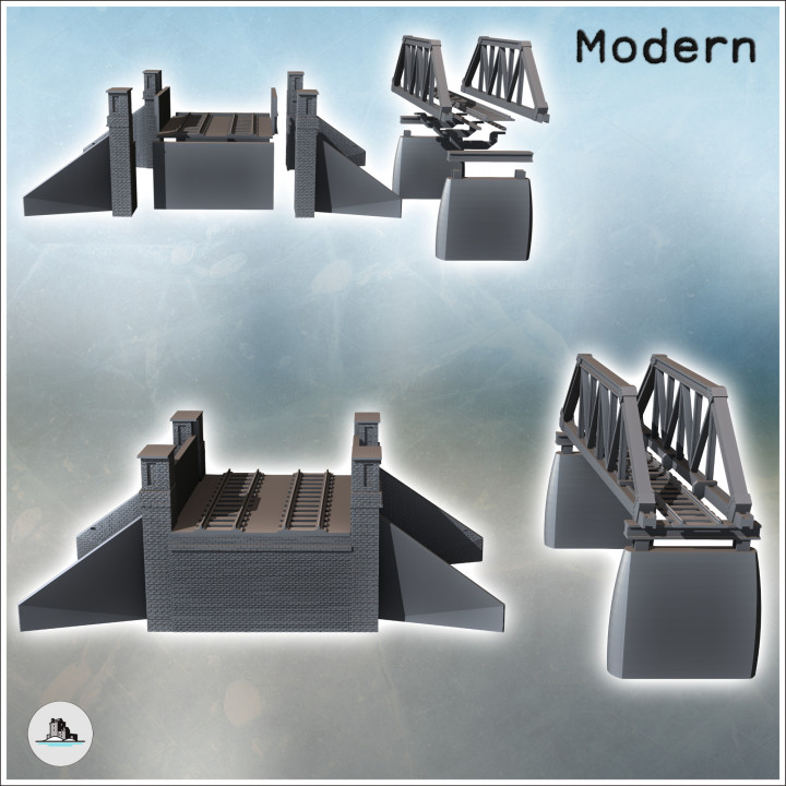 3D Printable Set of two modern railway bridges with pillars and brick ...