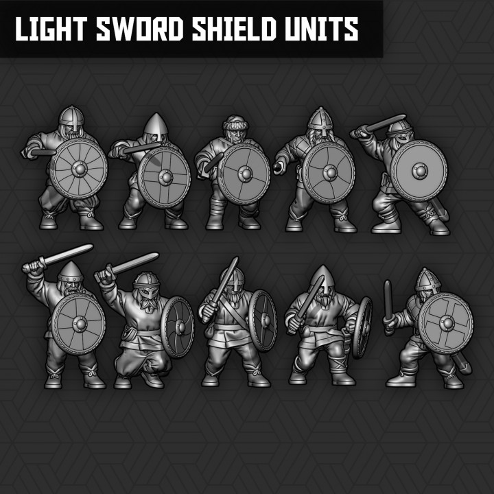 3D Printable Viking Light Sword & Shield Units by Smol Miniatures