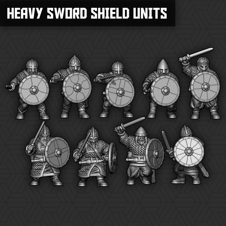 3D Printable Viking Heavy Sword & Shield Units by Smol Miniatures
