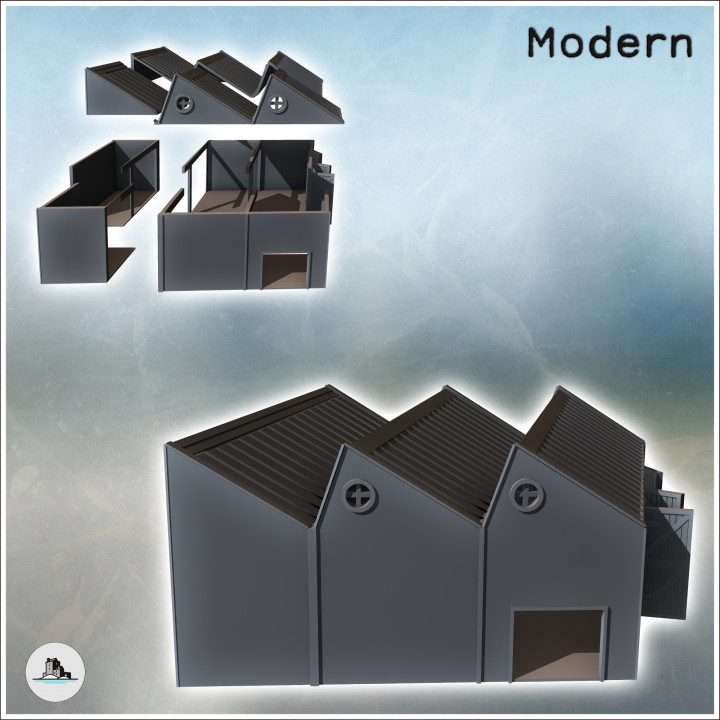 3D Printable Factory with shed roof, three large reinforced wooden ...