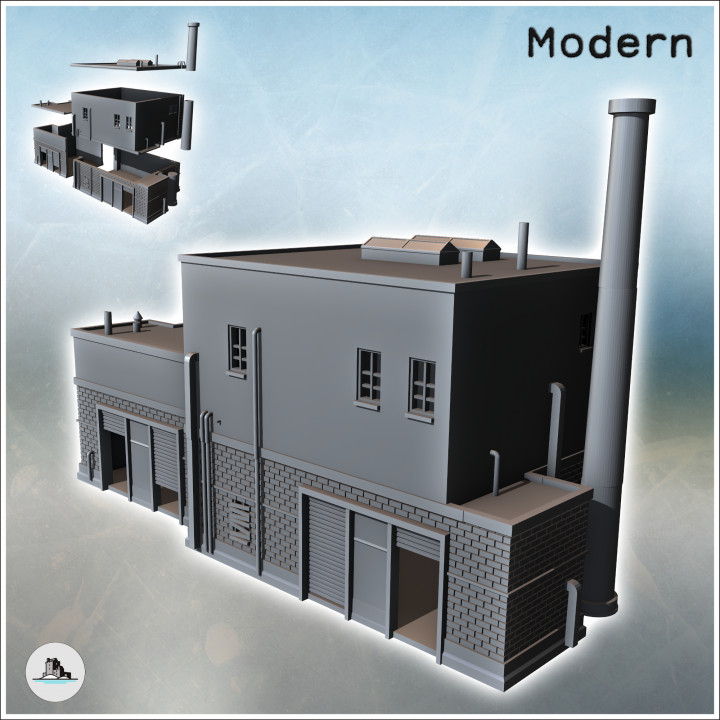 3D Printable Modern industrial building with barricaded window, chimney ...
