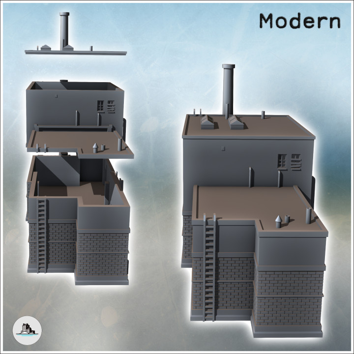 3D Printable Modern industrial building with barricaded window, chimney ...