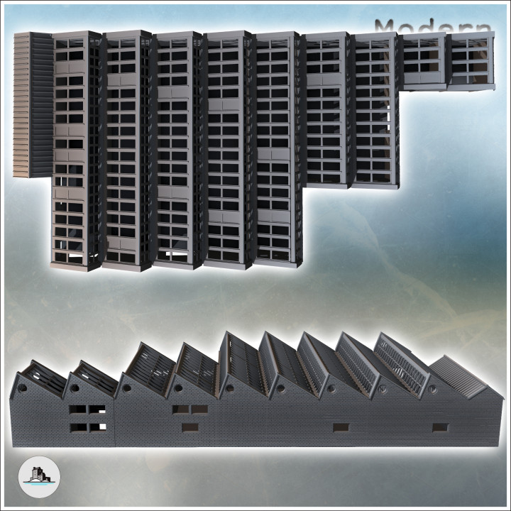 3D Printable Large modern factory with glazed shed roof, multiple ...
