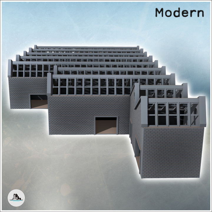 3D Printable Large modern factory with glazed shed roof, multiple ...