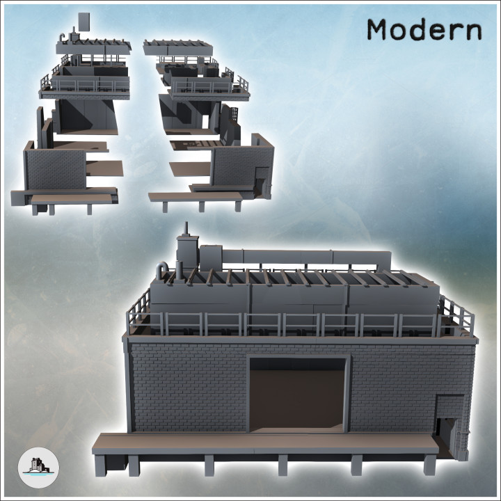 3D Printable Modern industrial building with roof access ladder, brick ...