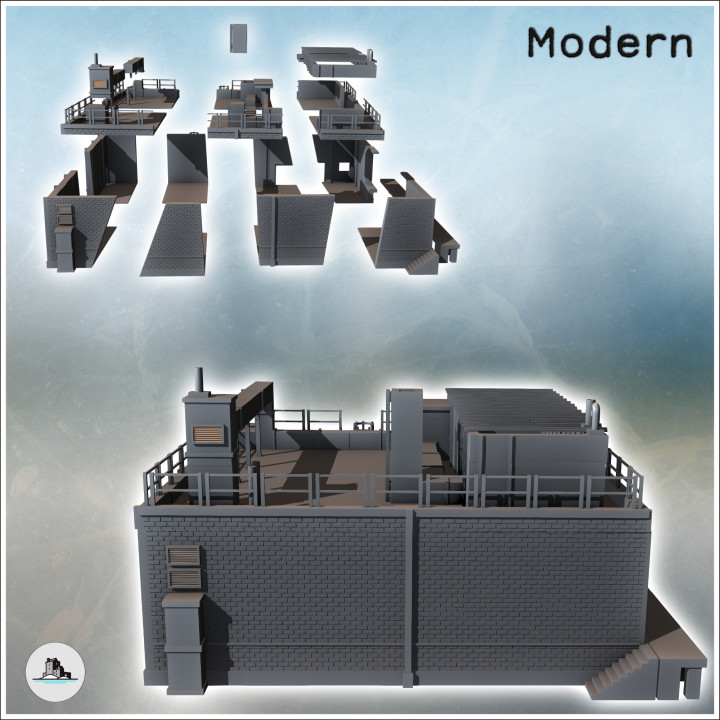 3D Printable Modern industrial building with roof access ladder, brick ...