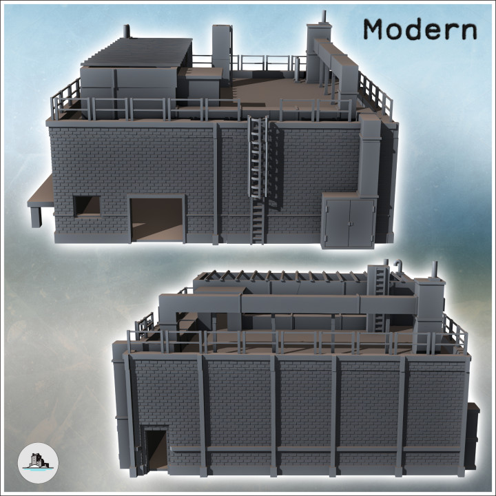 3D Printable Modern industrial building with roof access ladder, brick ...