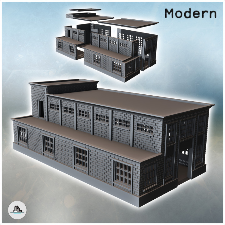 3D Printable Modern industrial brick building with flat roofs, large ...