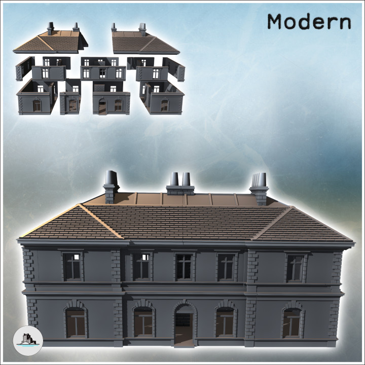 3D Printable Modern multi-story building with tiled roof and multiple ...