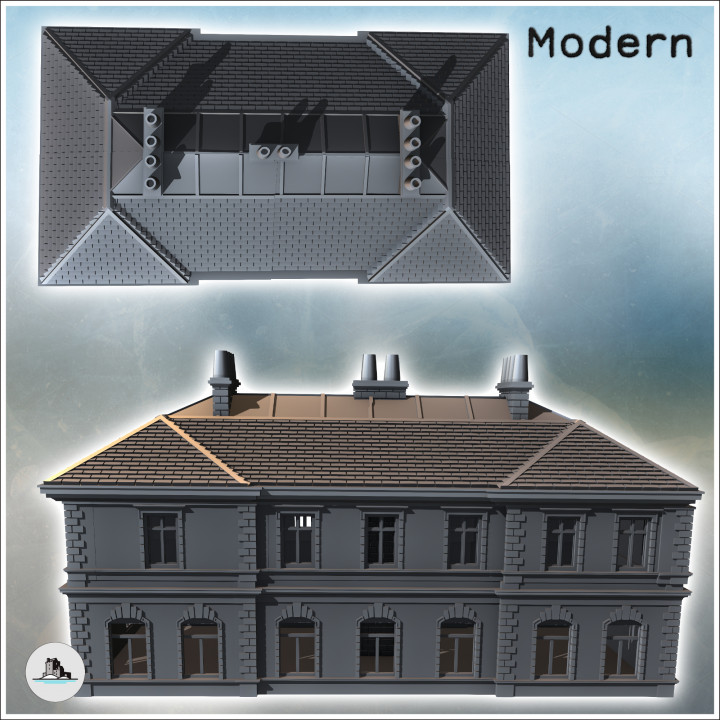 3D Printable Modern multi-story building with tiled roof and multiple ...