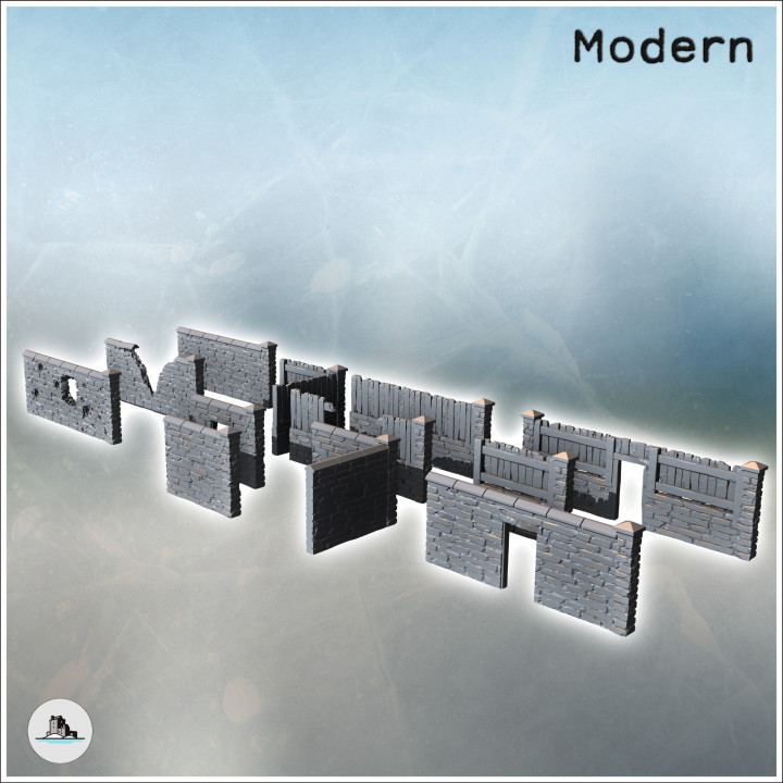 3D Printable Set of modular rural stone walls with wooden panels (2 ...