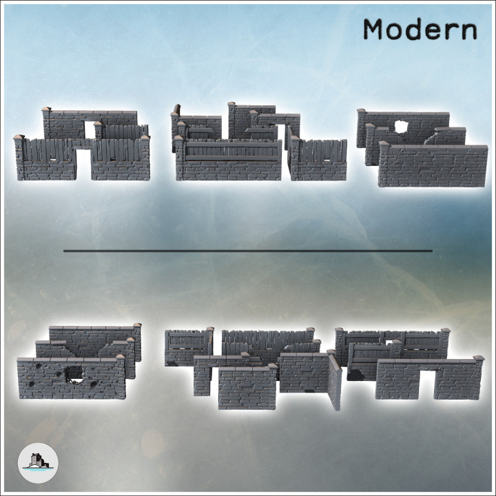 3D Printable Set of modular rural stone walls with wooden panels (2 ...
