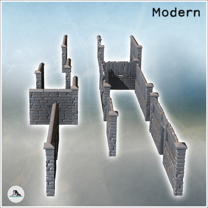 3D Printable Set of modular rural stone walls with wooden panels (2 ...