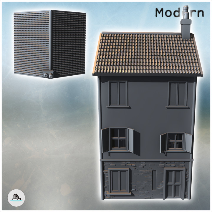 3D Printable Modern two-story house with tiled roof and chimney (intact ...