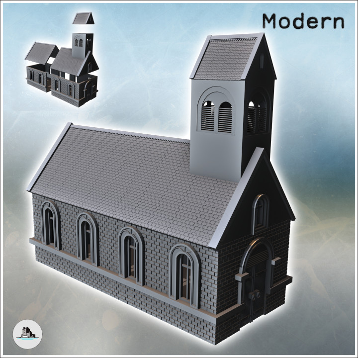 3D Printable Brick church with multiple windows and a steeple (4 ...