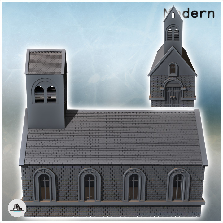 3D Printable Brick church with multiple windows and a steeple (4 ...