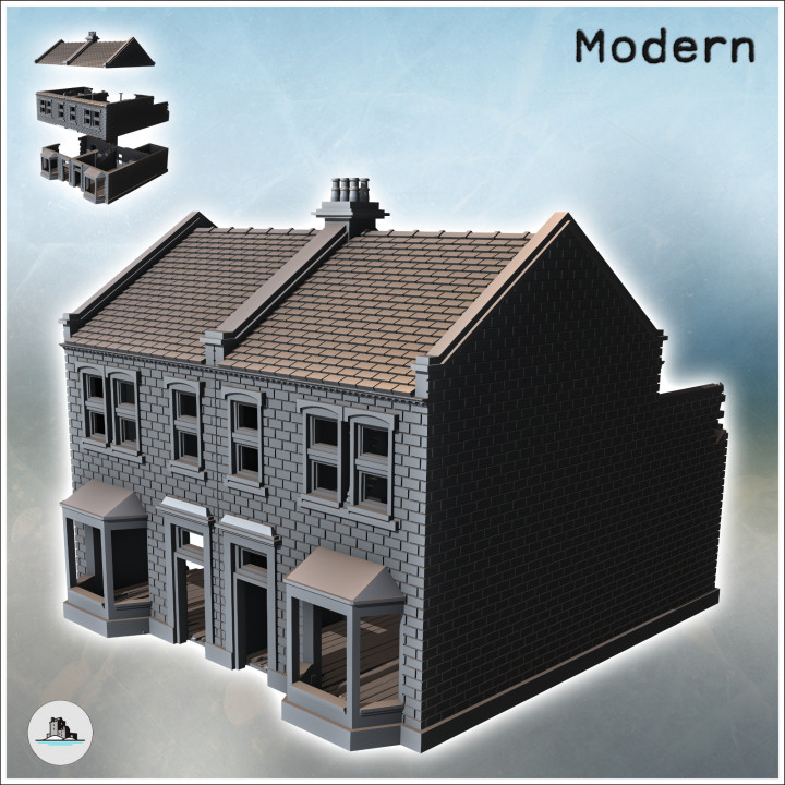3D Printable European houses with double bay windows and rear walls ...