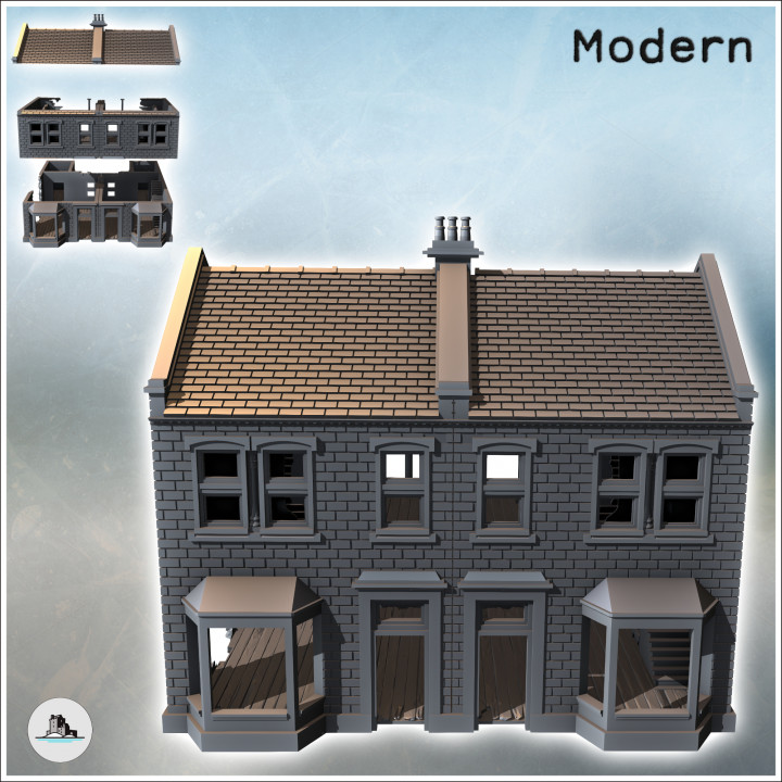 3D Printable European houses with double bay windows and rear walls ...