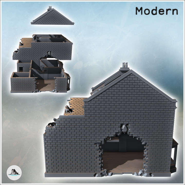 3D Printable European houses with double bay windows and rear walls ...