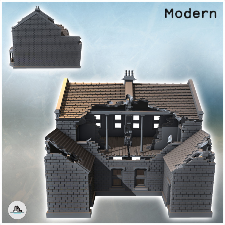 3D Printable European houses with double bay windows and rear walls ...
