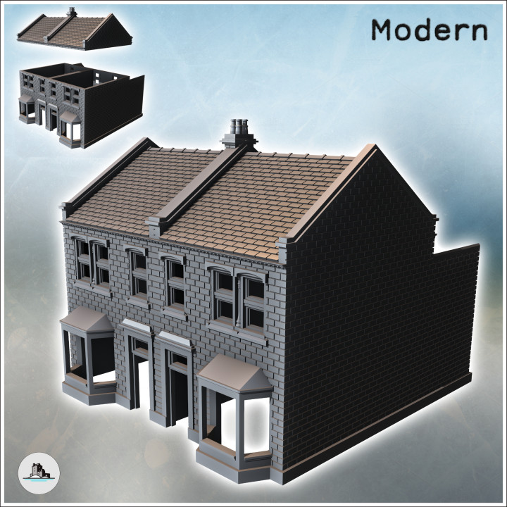 3D Printable European houses with double bay windows and rear walls ...