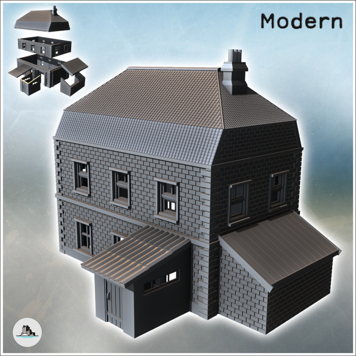 3D Printable Brick building with two annexes and mansard roof (intact ...