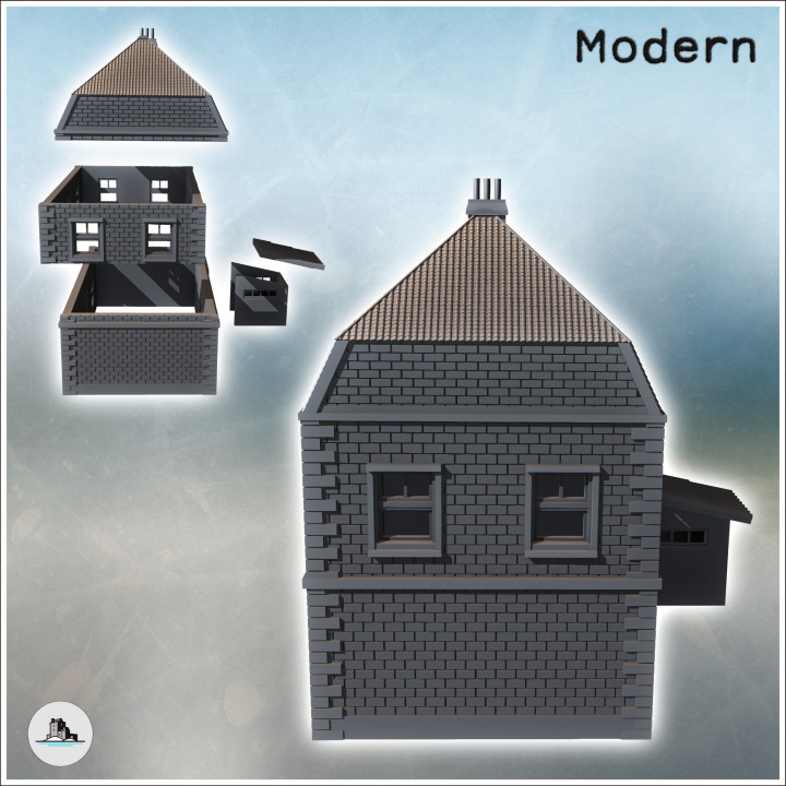 3D Printable Brick building with two annexes and mansard roof (intact ...