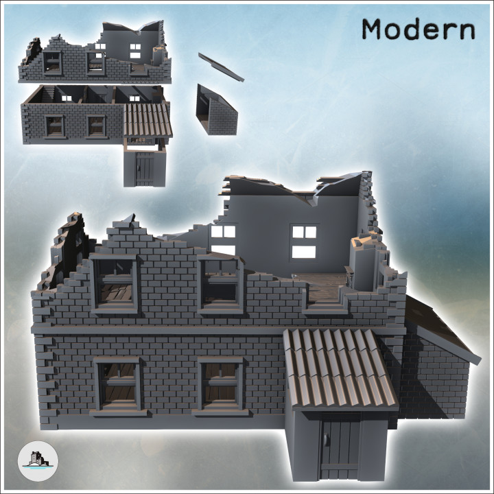 3D Printable Brick building with two annexes and mansard roof (ruined ...