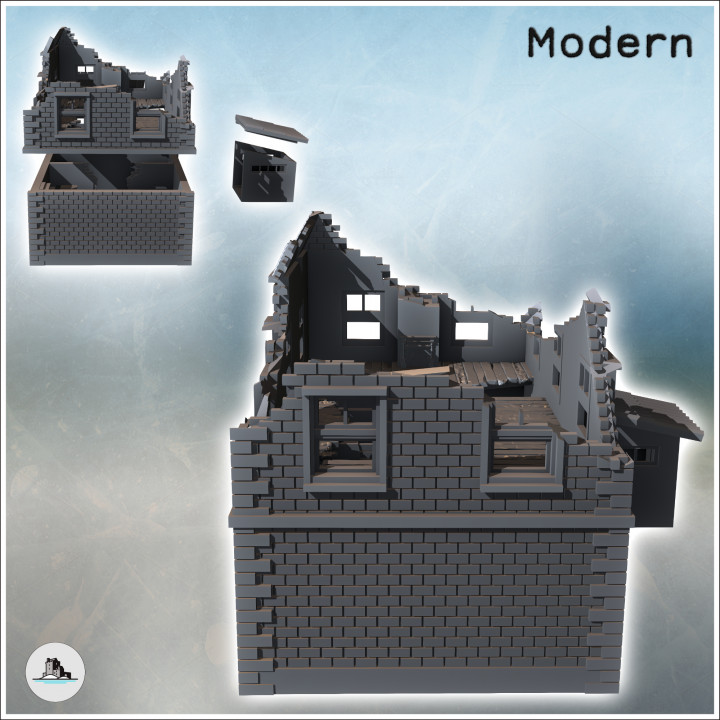 3D Printable Brick building with two annexes and mansard roof (ruined ...