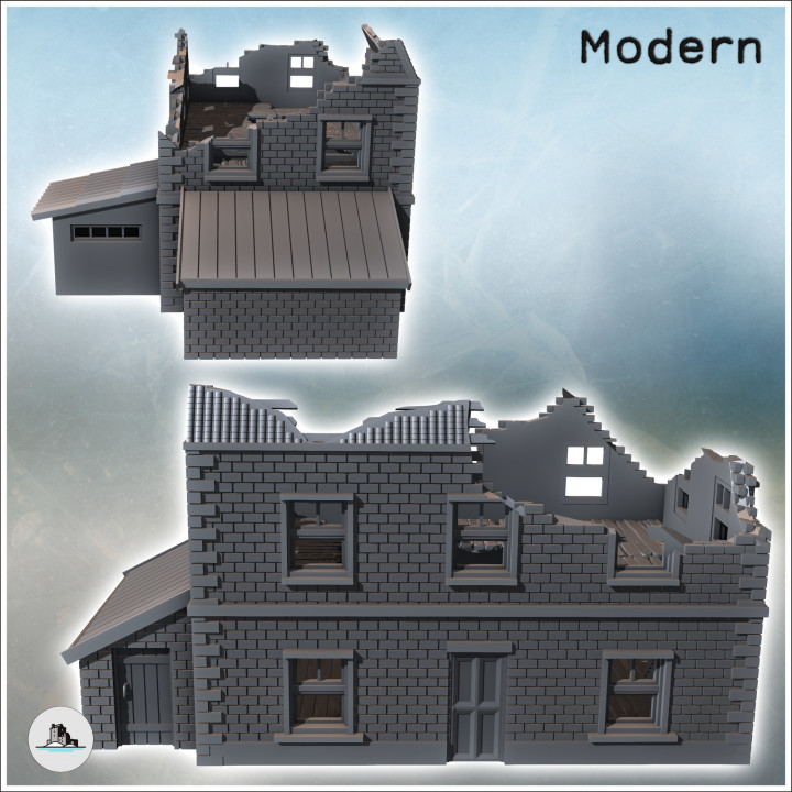 3D Printable Brick building with two annexes and mansard roof (ruined ...