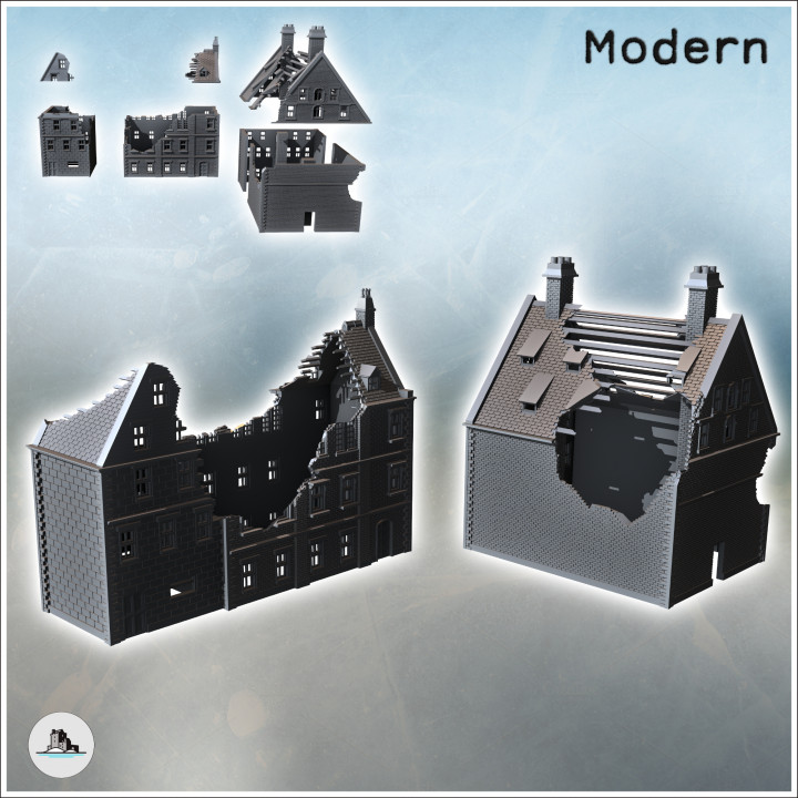 3D Printable Set of two large modern brick buildings with sloping roofs ...