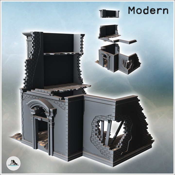 3D Printable Two-story ruined building with baroque-style entrance door ...