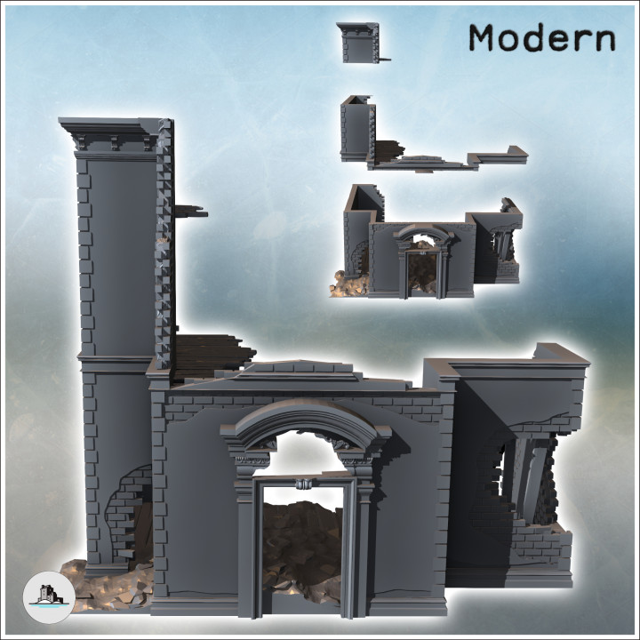 3D Printable Two-story ruined building with baroque-style entrance door ...