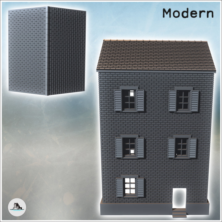 3D Printable Square brick building with shuttered windows and two ...