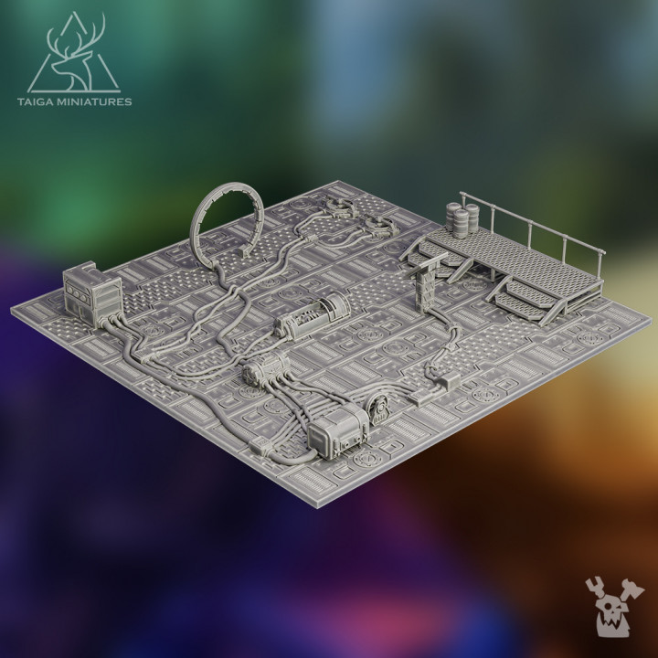3D Printable Sci-fi texture terrain plate + props bits by Taiga Miniatures