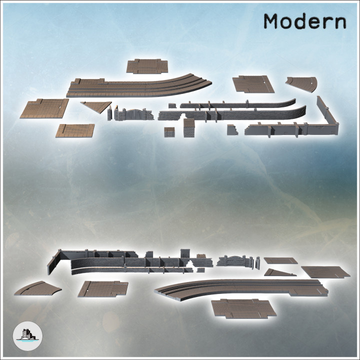 3D Printable Set of modular paved roads and brick walls with a low ...