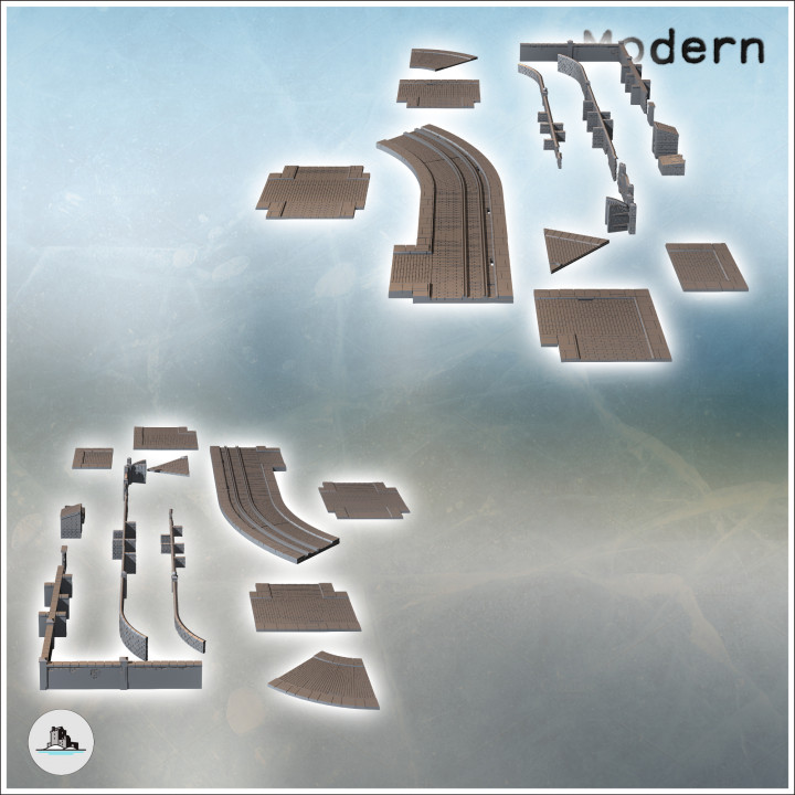 3D Printable Set of modular paved roads and brick walls with a low ...