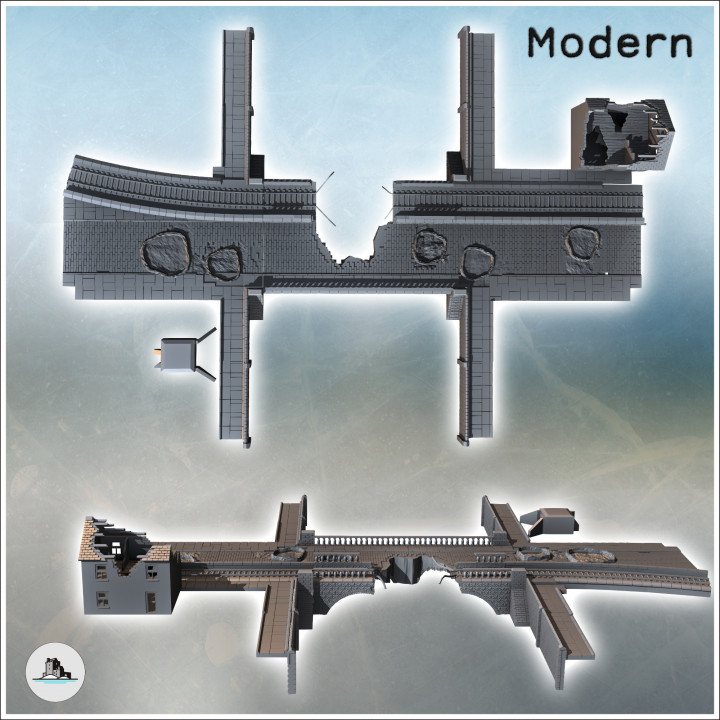 3D Printable Set of damaged bridges with a dock and a two-story ruined ...
