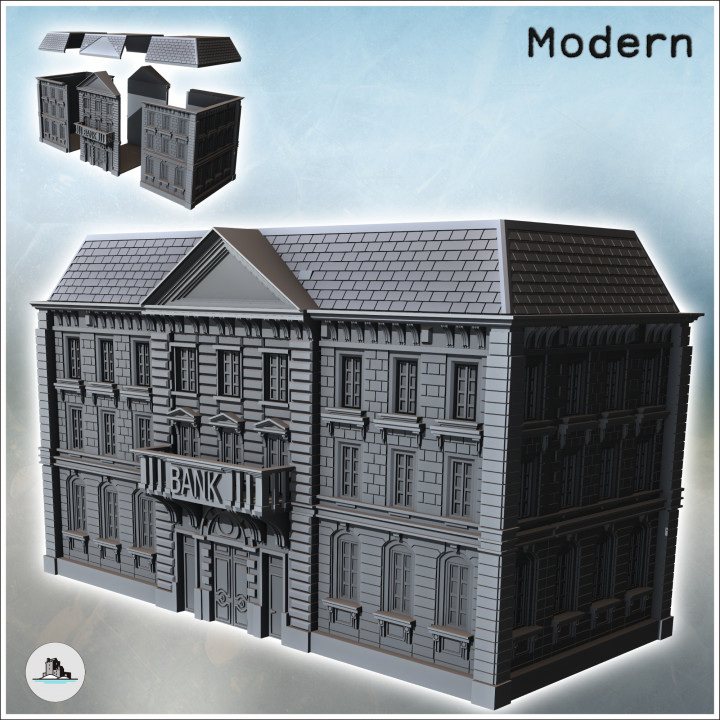 3D Printable Grand neo-classical bank building with a sign, central ...