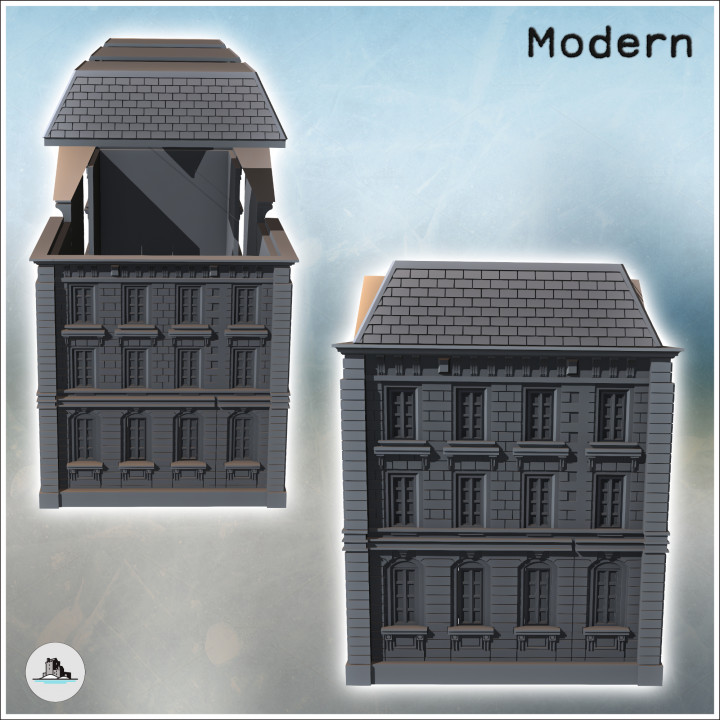 3D Printable Grand neo-classical bank building with a sign, central ...