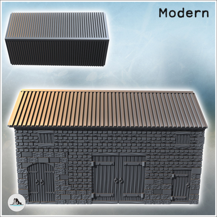 3D Printable Large stone farm stable with a tin roof and wooden doors ...