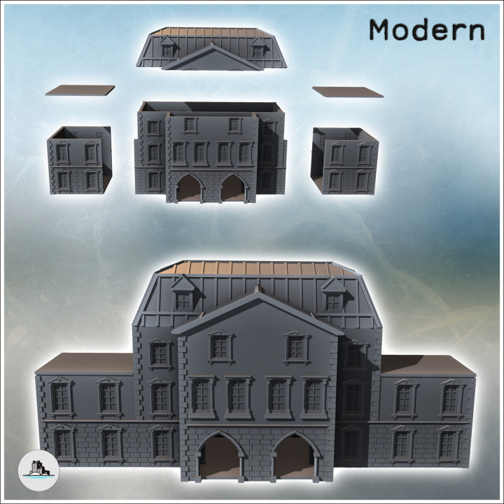 3D Printable Large building with a zinc roof, hewn stone base, and flat ...