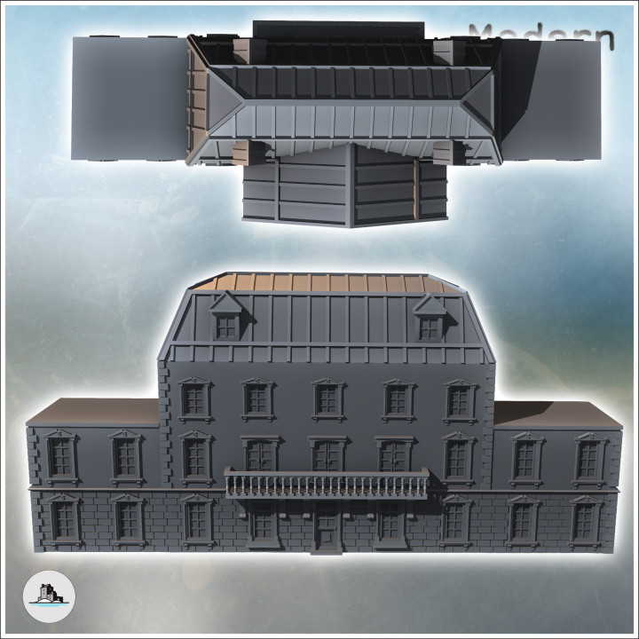 3D Printable Large building with a zinc roof, hewn stone base, and flat ...