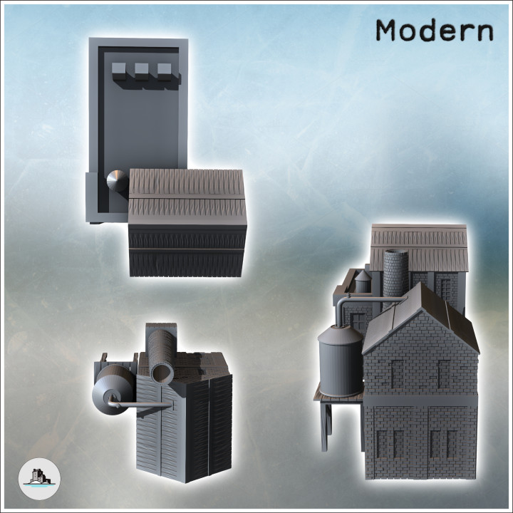 3D Printable Set of two brick industrial buildings with adjacent tanks ...